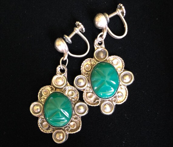 1950s-Mexican Aztec Warrior Earrings- Sterling 1.75” - Gem