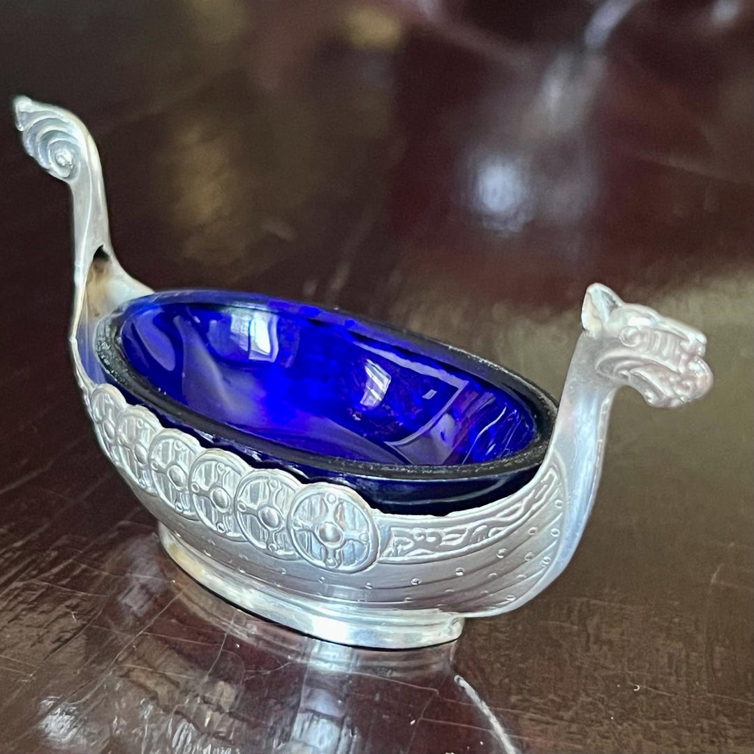 Swedish Salt Cellar (1970s, Sterling Silver) Viking Ship 3.5”, Glass ...