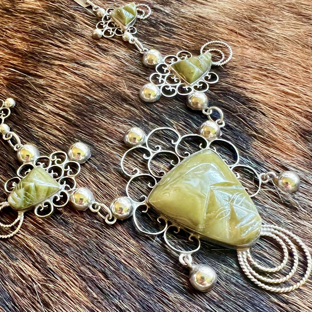 Older Mexican Aztec Warrior Necklace (1920-1940, Sterling Silver & Jade ...