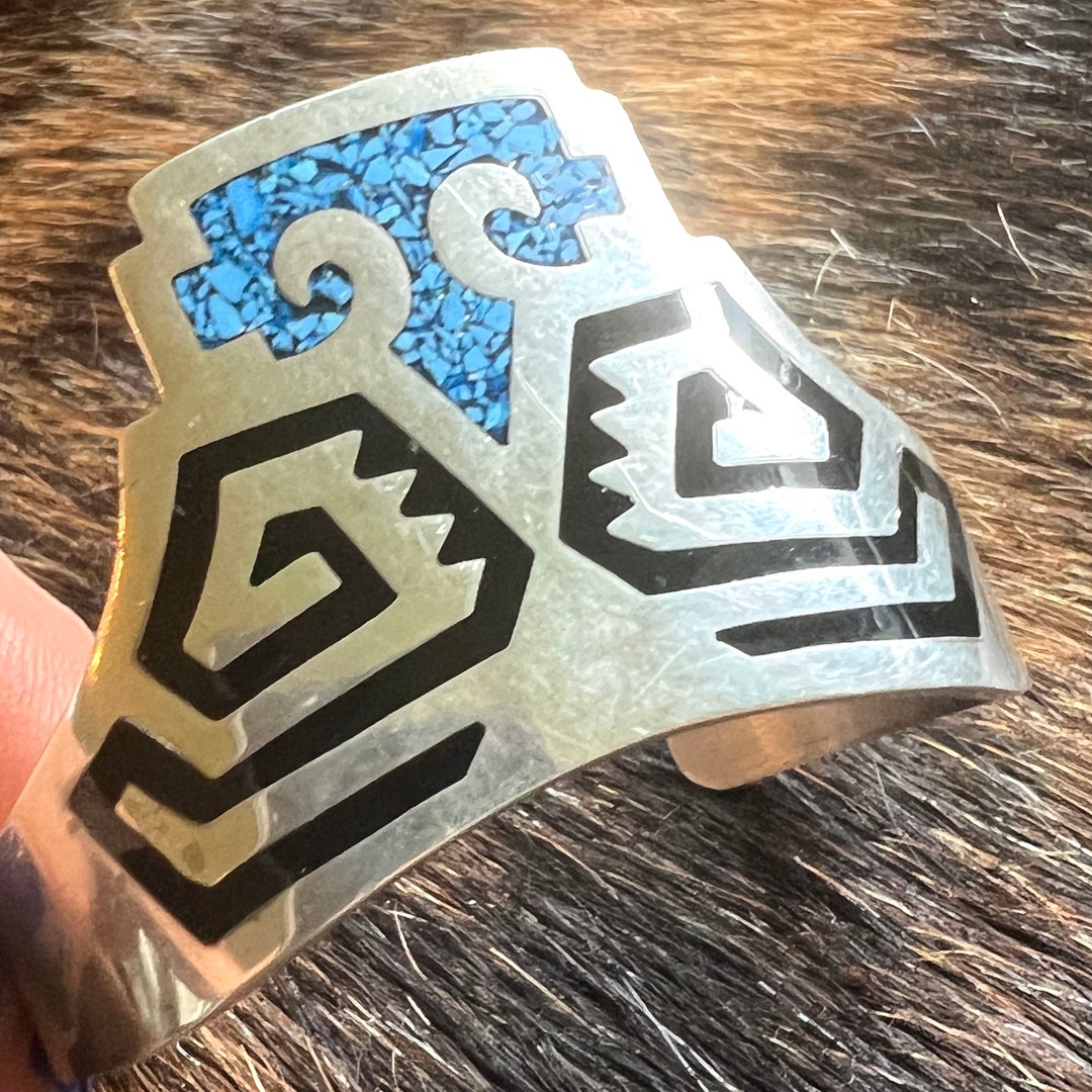 Mexican Aztec Cuff- Taxco, 1980s (sterling Silver, Turquoise Chip Inlay ...
