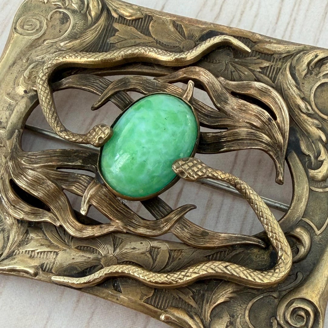 Antique Victorian Sash Pin (bronze, Peking Glass Jade) 2.25”x 2.75” - Etsy