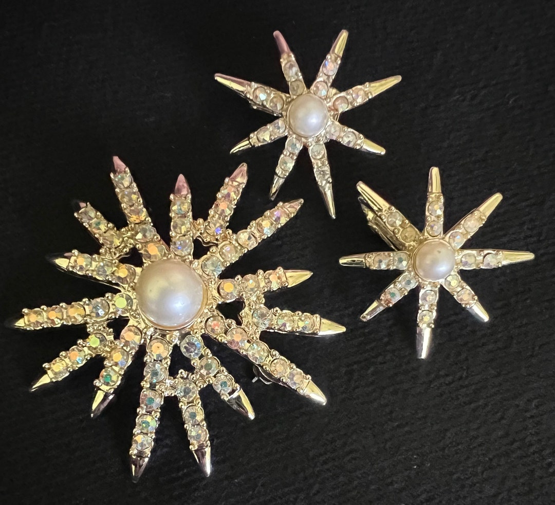 Emmons Starburst Set- Aurora Borealis Stones, Pearl, Gold-tone - Etsy