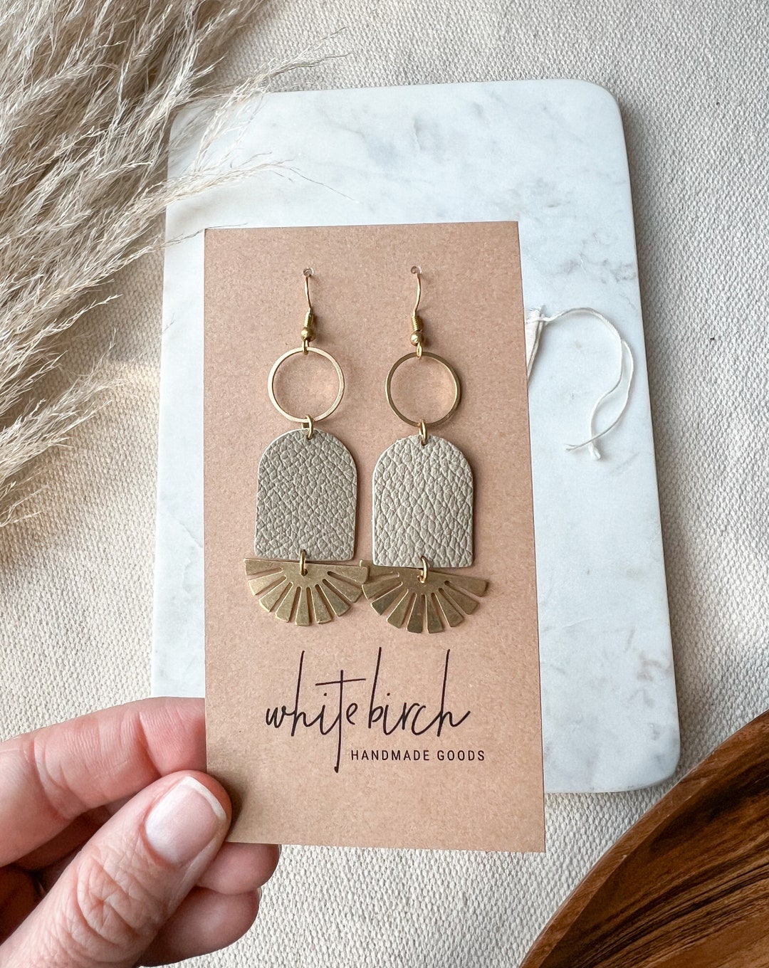 Clay Putty Tan Leather and Brass Sunburst Geometric Earrings, Raw Brass ...