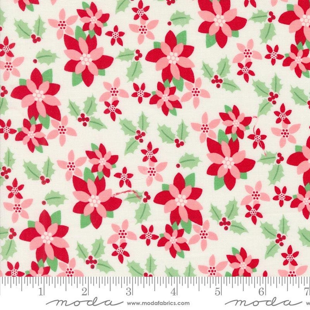 Moda Kitty Christmas by Urban Chiks - Poinsettia Floral Print on Snow ...