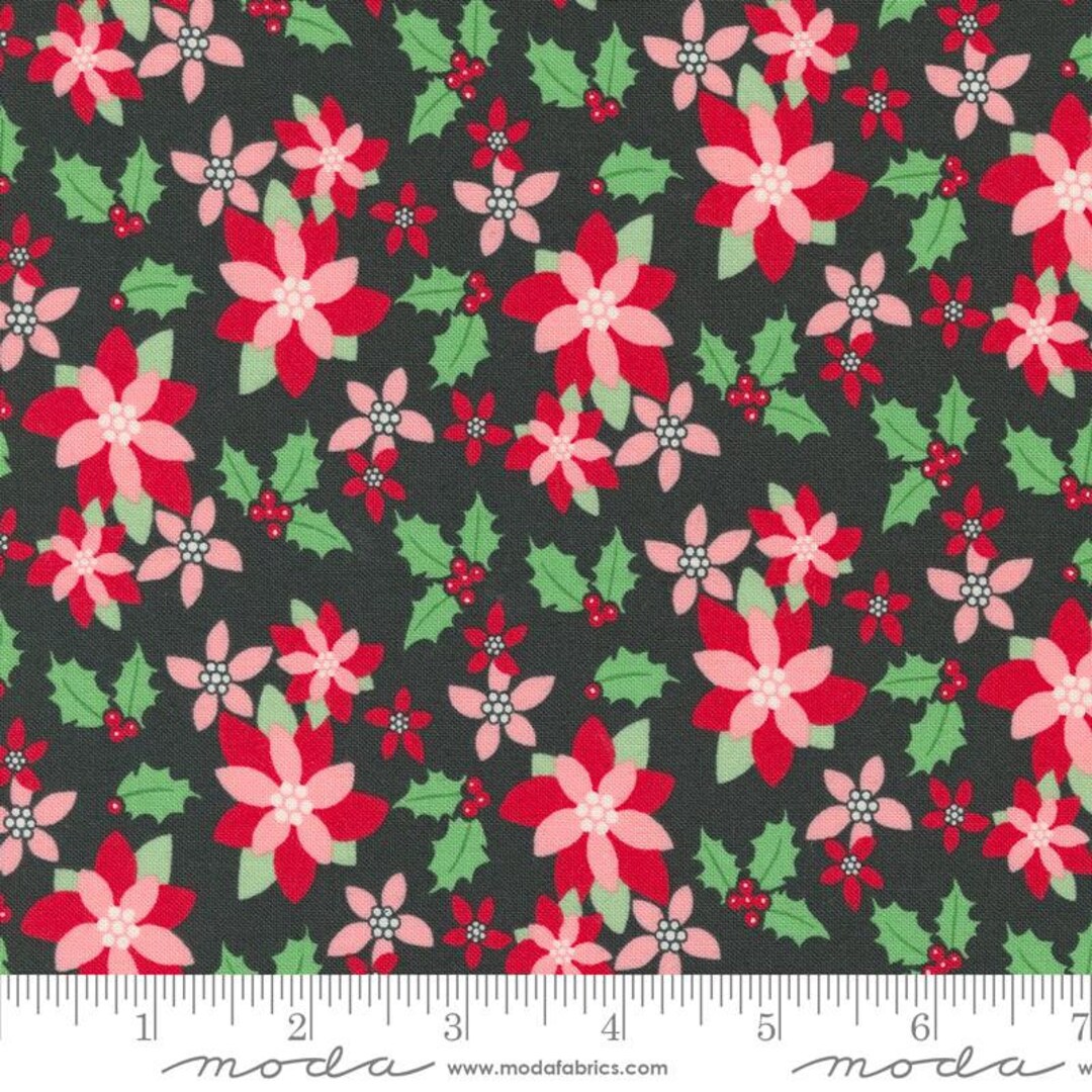 Moda Kitty Christmas by Urban Chiks - Poinsettia Floral Print on Coal ...