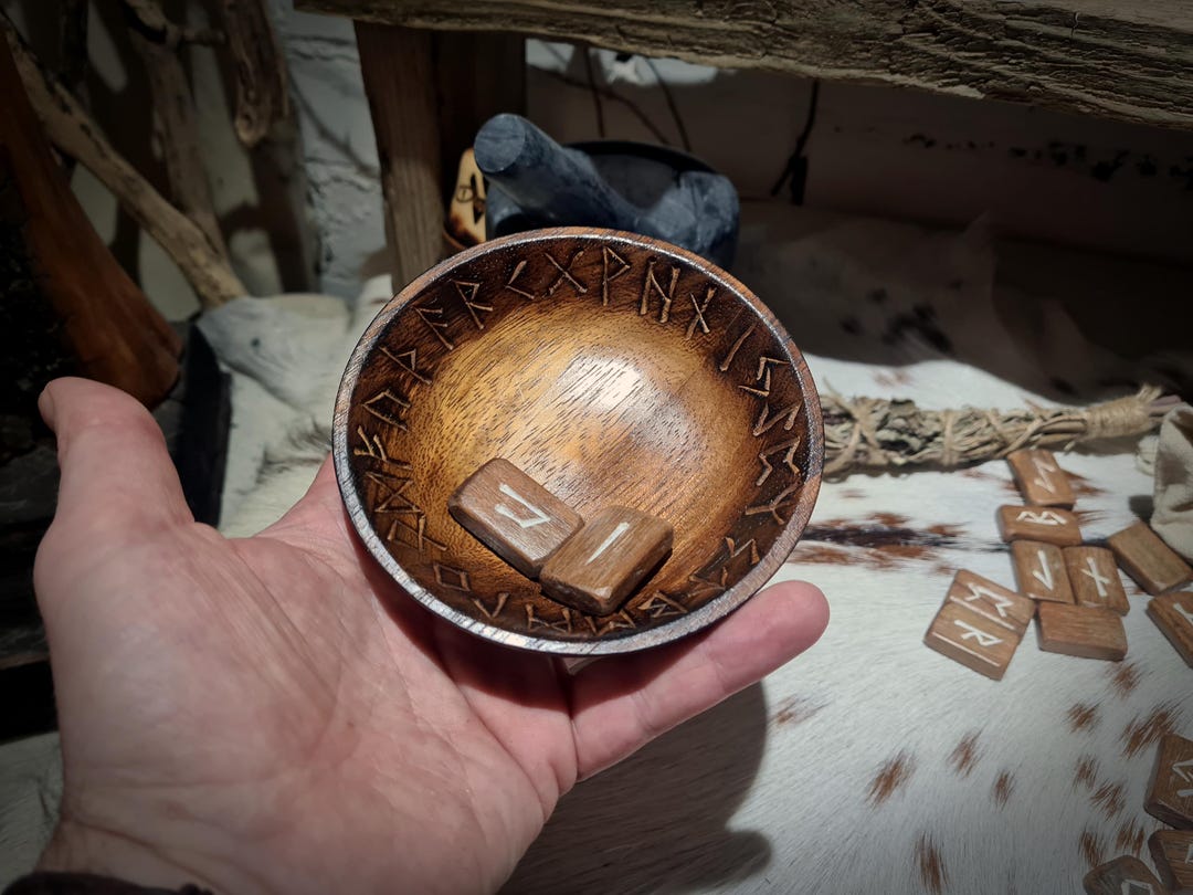 Small Iroko Wood Turned Ritual Bowl With Hand Carved Norse Elder ...