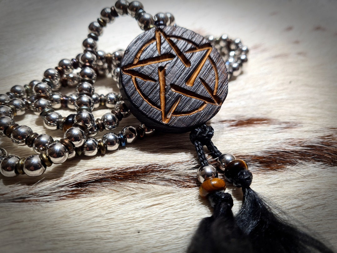 Pentagram Mala Beads. Solid Oak Wood Pentagram, Stainless Steel and ...