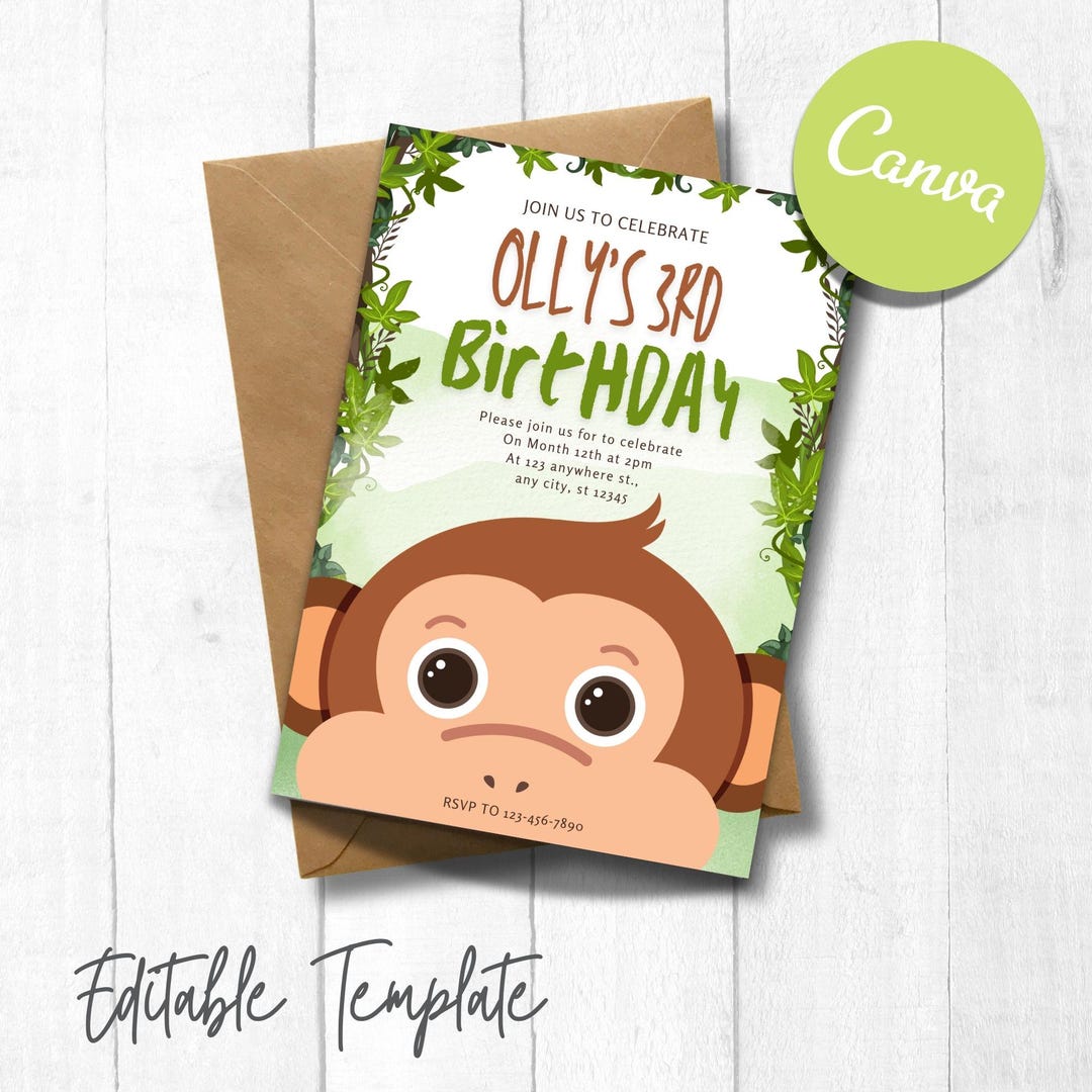 Editable Monkey Birthday Invitation | Jungle Party Invite | Canva ...