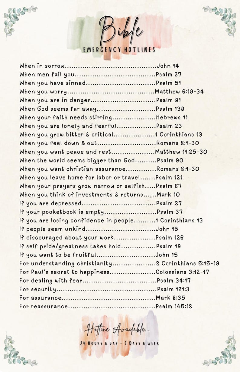 Bible Emergency Hotlines Bible Insert - Etsy