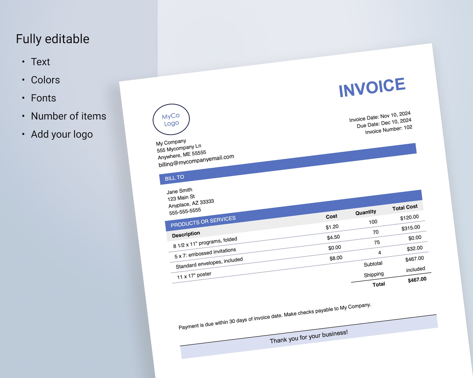 Invoice Excel Template. Editable Invoice for Small Business Owners and ...