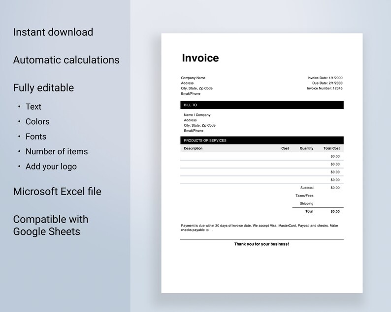 Invoice Excel Template. Editable Invoice for Small Business Owners and ...