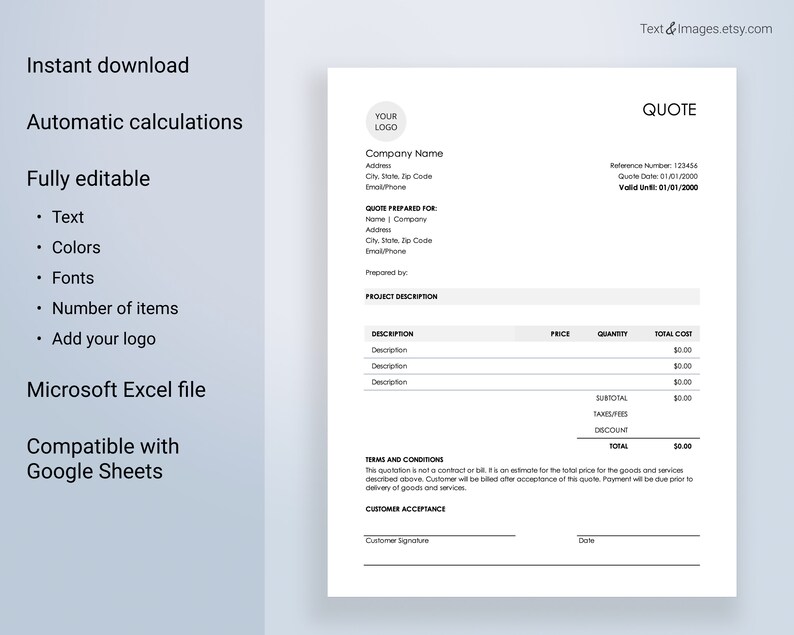 Quote Template. Excel. Editable Quote Form for Small Business Owners ...