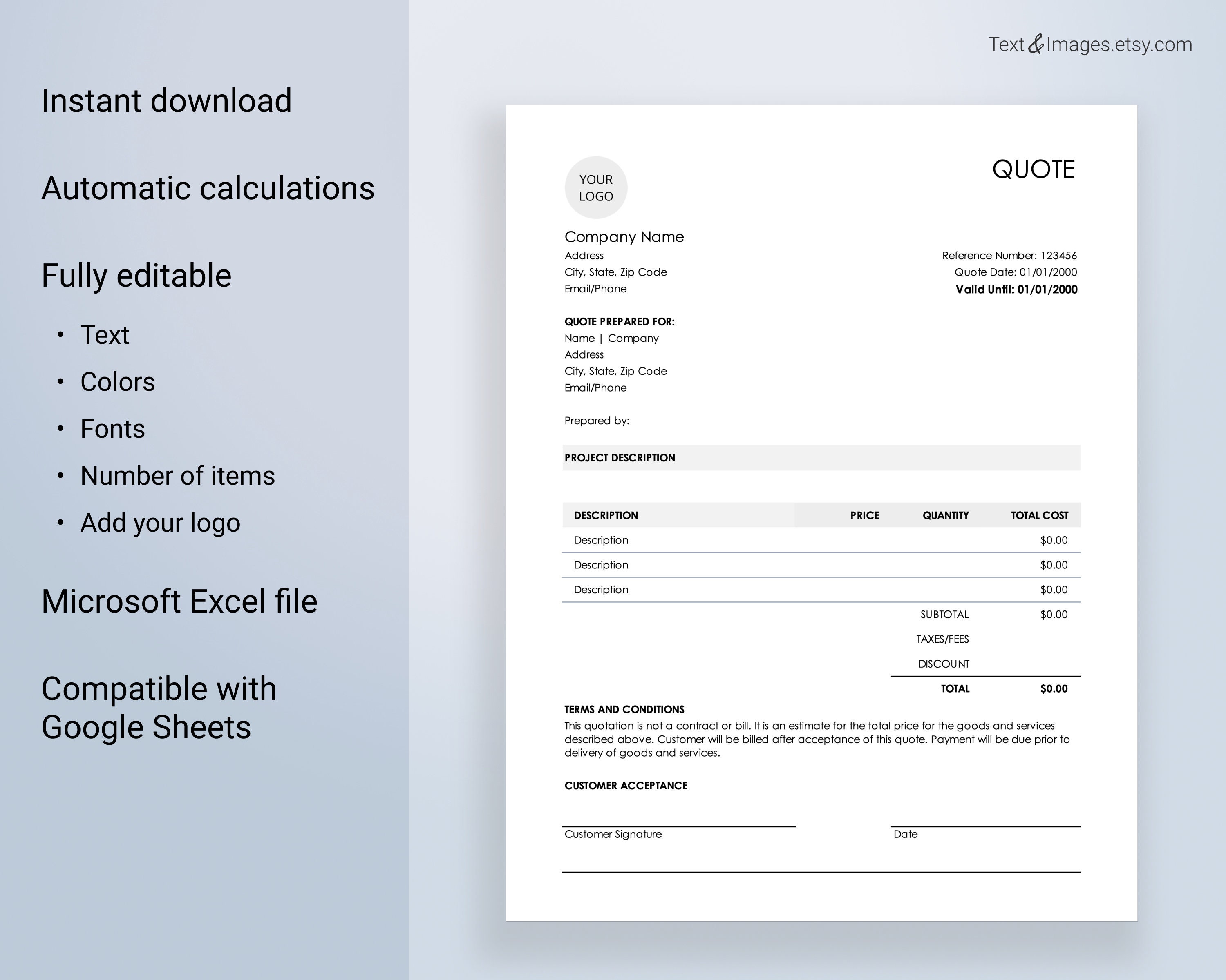 Quote Template. Excel. Editable Quote Form for Small Business Owners ...