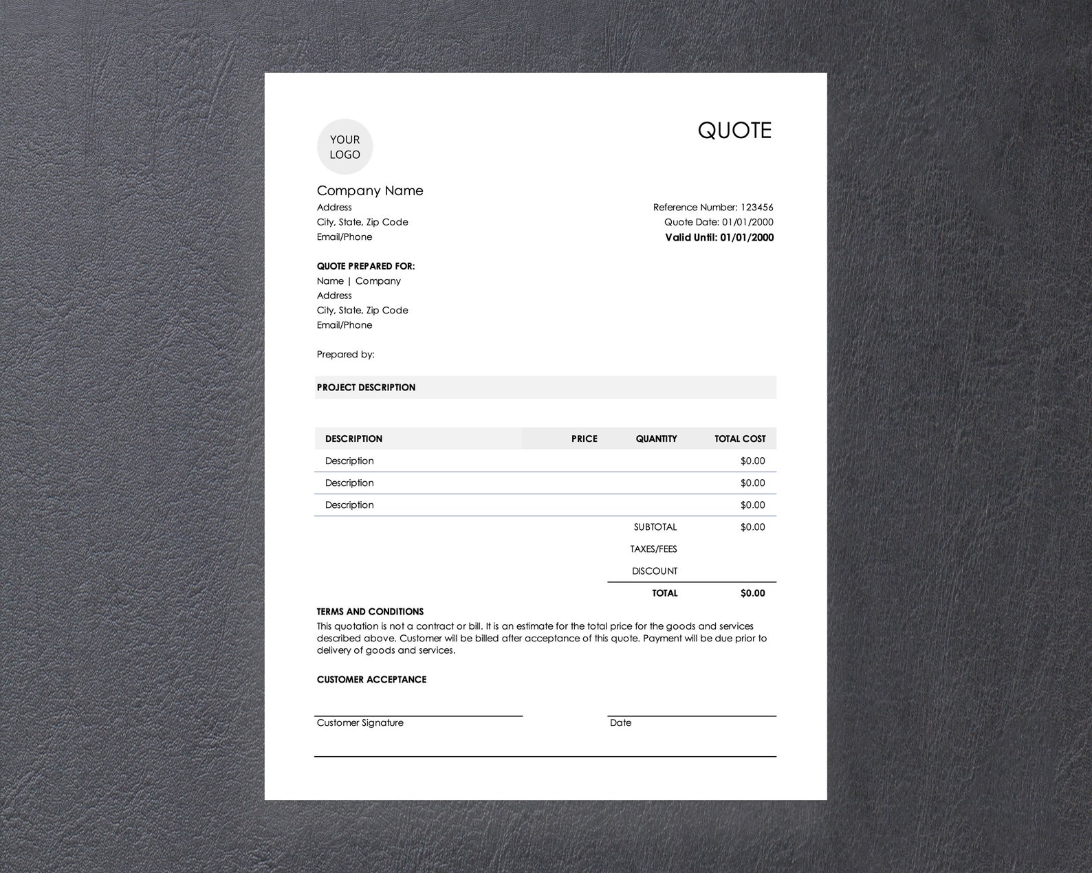 Quote Template. Excel. Editable Quote Form for Small Business Owners ...