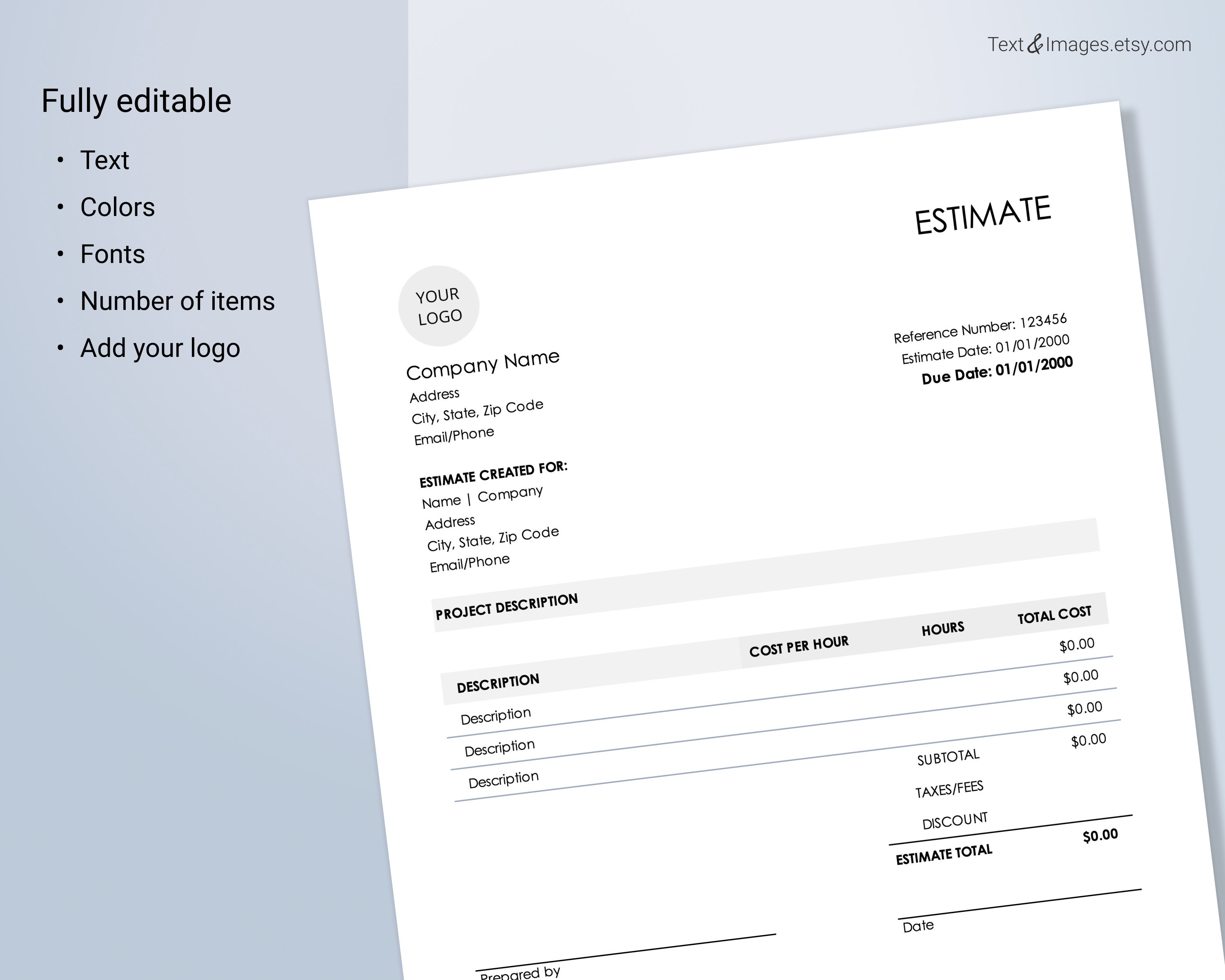 Estimate Template. Excel. Editable Estimate for Small Business Owners ...