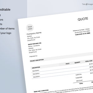 Quote Template. Excel. Editable Quote Form for Small Business Owners ...