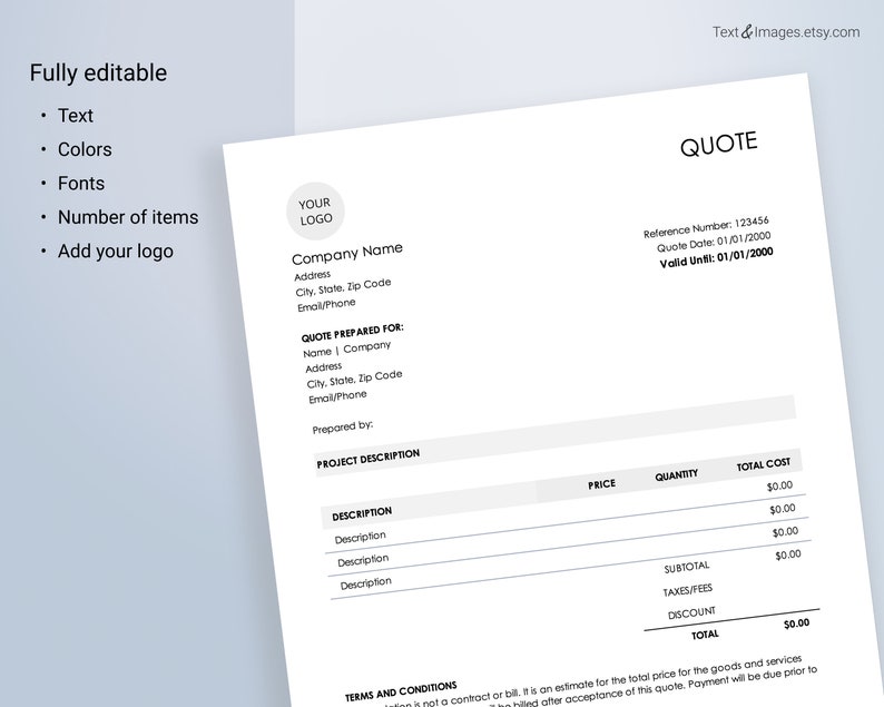 Quote Template. Excel. Editable Quote Form for Small Business Owners ...
