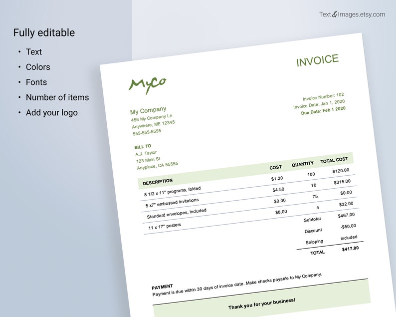 Invoice Template. Excel. Editable Invoice for Small Business Owners and ...