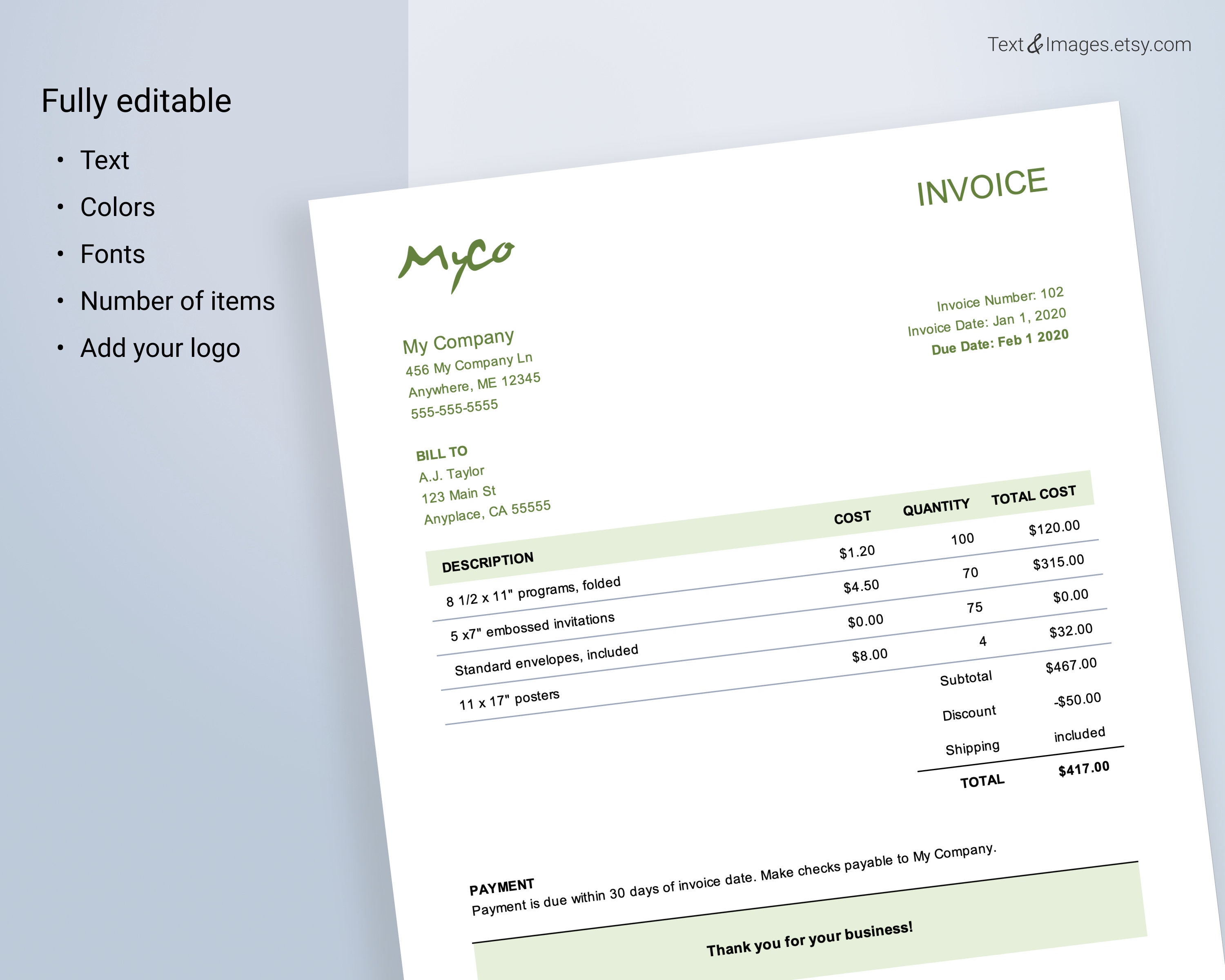Invoice Template. Excel. Editable Invoice for Small Business Owners and ...