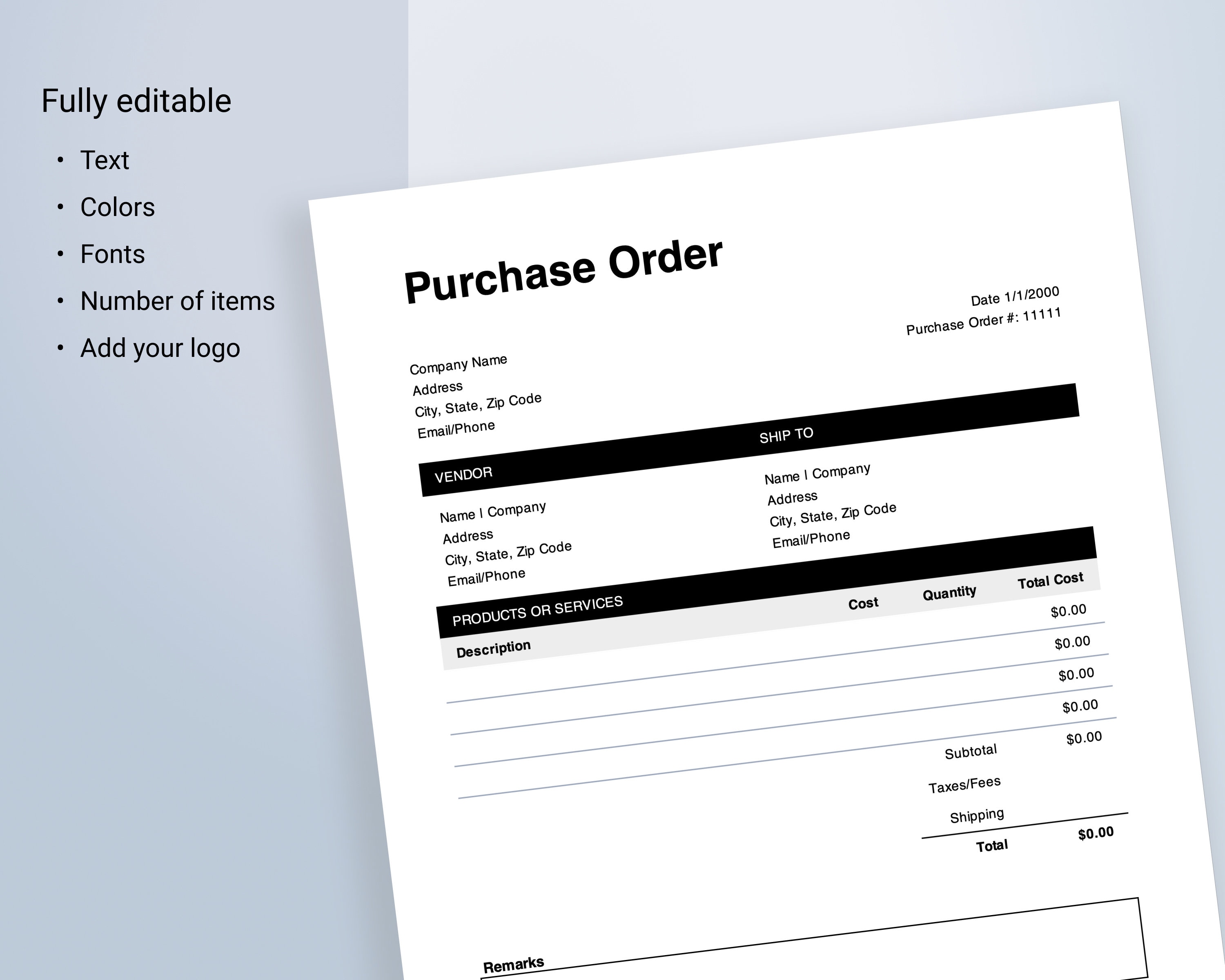 Purchase Order Excel Template. Editable Purchase Order for Small ...