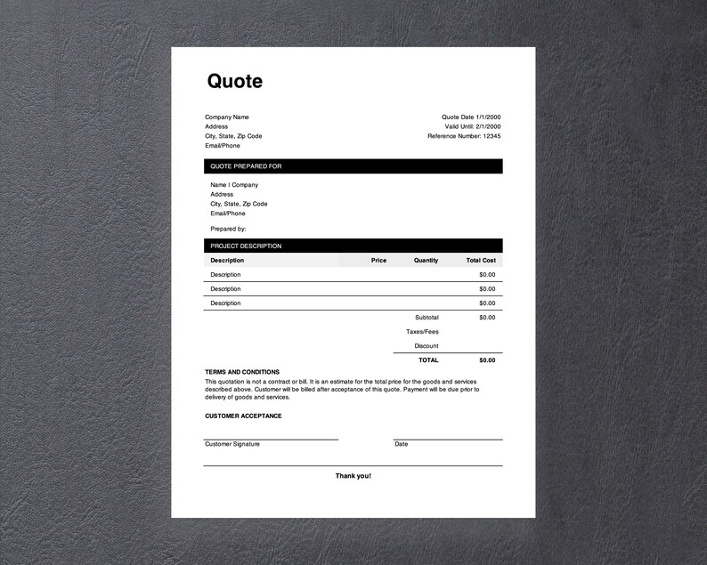 Quote Excel Template. Editable Quote Form for Small Business Owners and ...