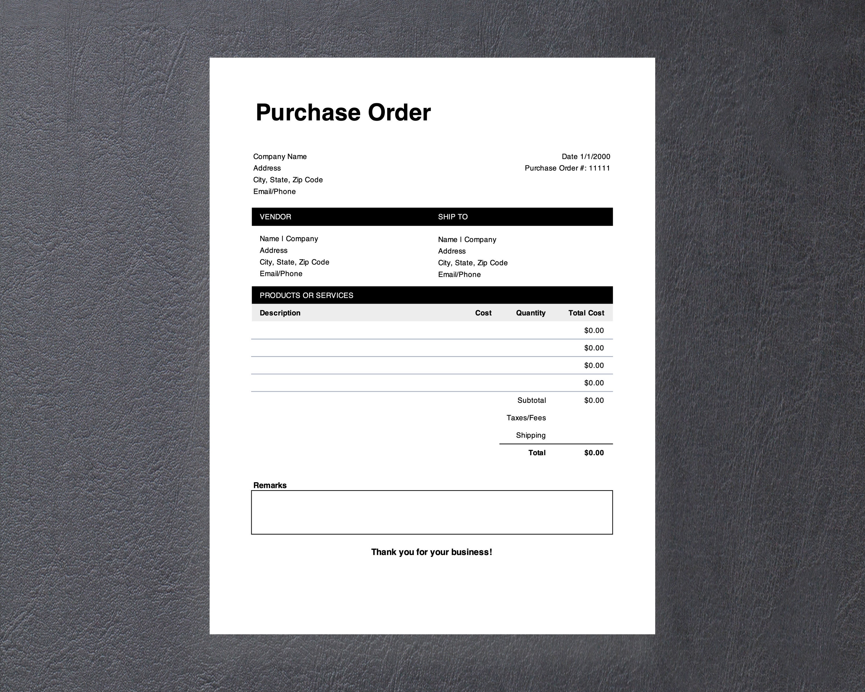 Purchase Order Excel Template. Editable Purchase Order for Small ...