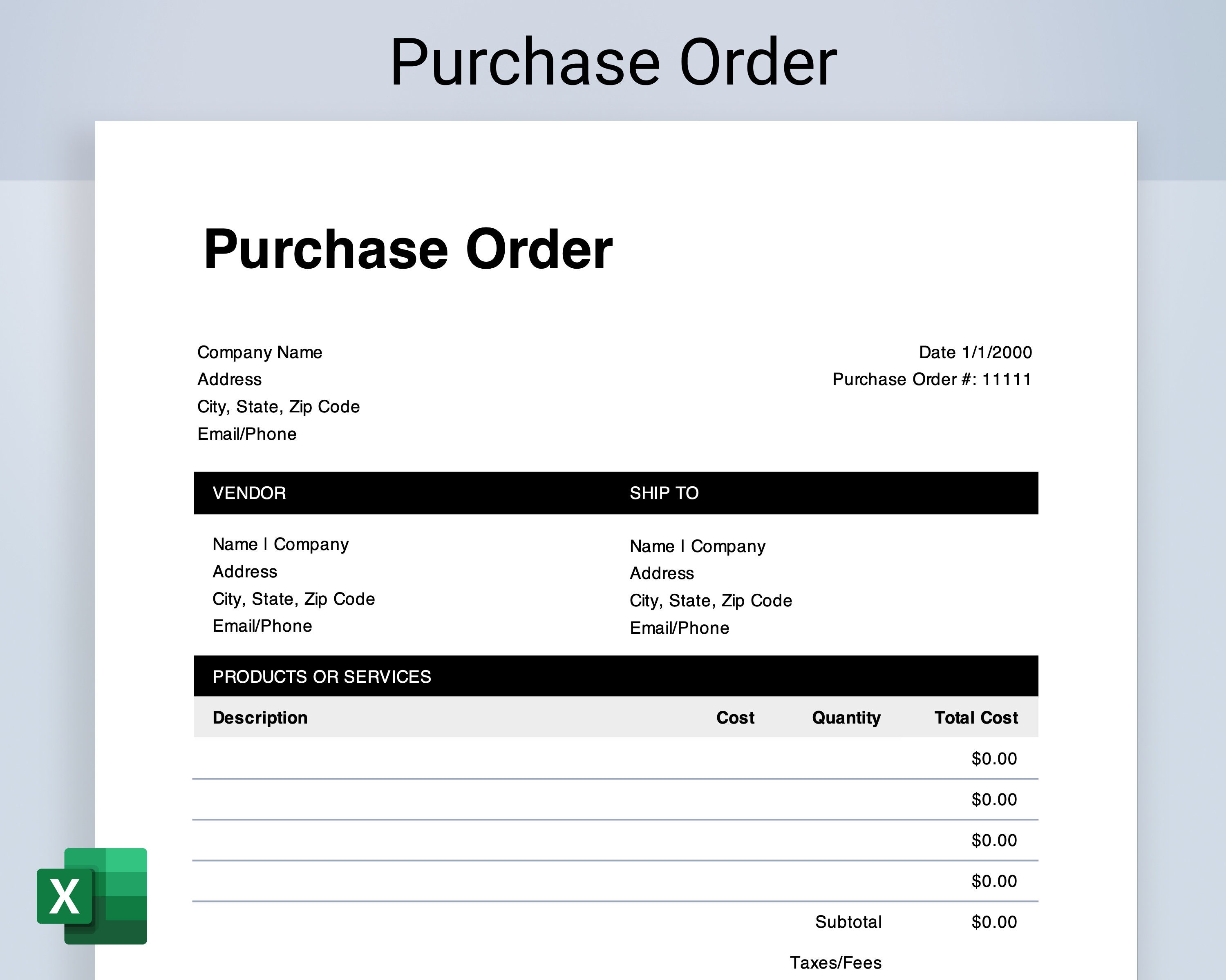 Purchase Order Excel Template. Editable Purchase Order for Small ...