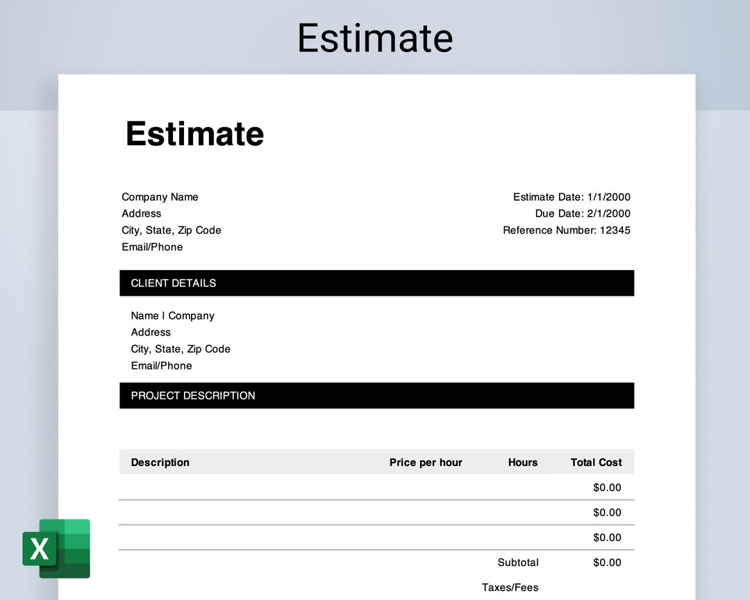 Estimate Excel Template. Editable Estimate for Small Business Owners ...