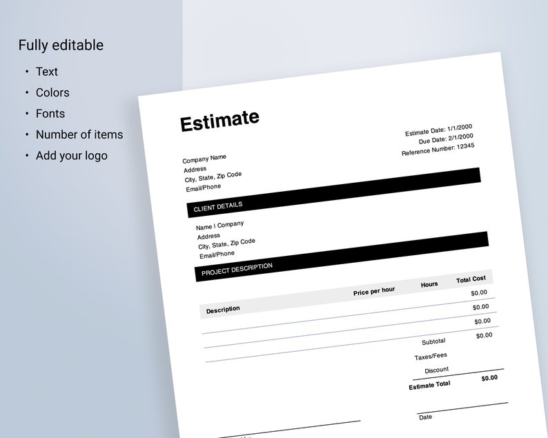 Estimate Excel Template. Editable Estimate for Small Business Owners ...