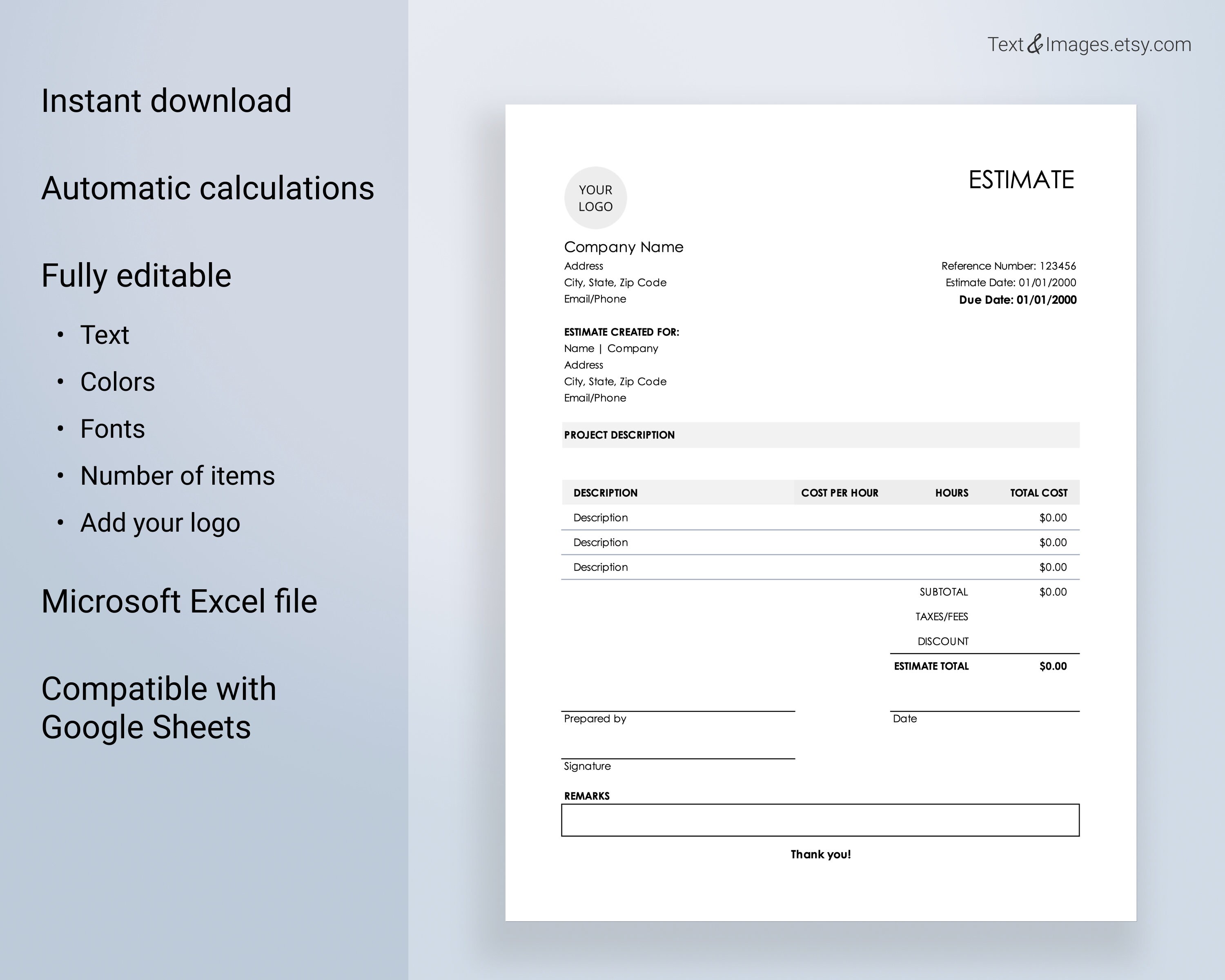 Estimate Template. Excel. Editable Estimate for Small Business Owners ...