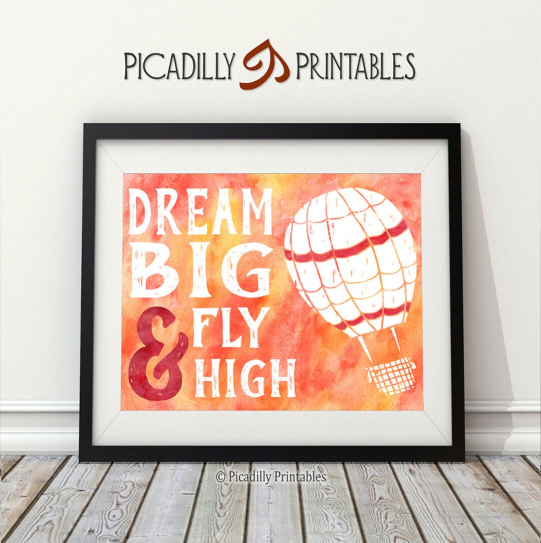 Dream Big Fly High Hot Air Balloon Illustration Orange Red Instant ...
