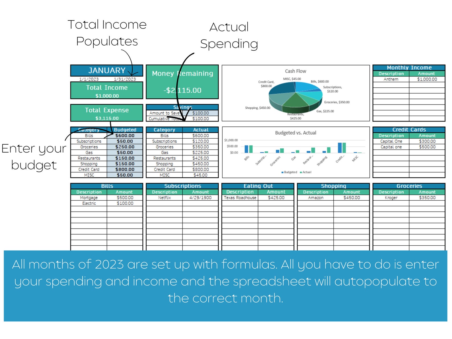 Budget Spreadsheet Template for Google Sheets or Microsoft Excel -2023 ...