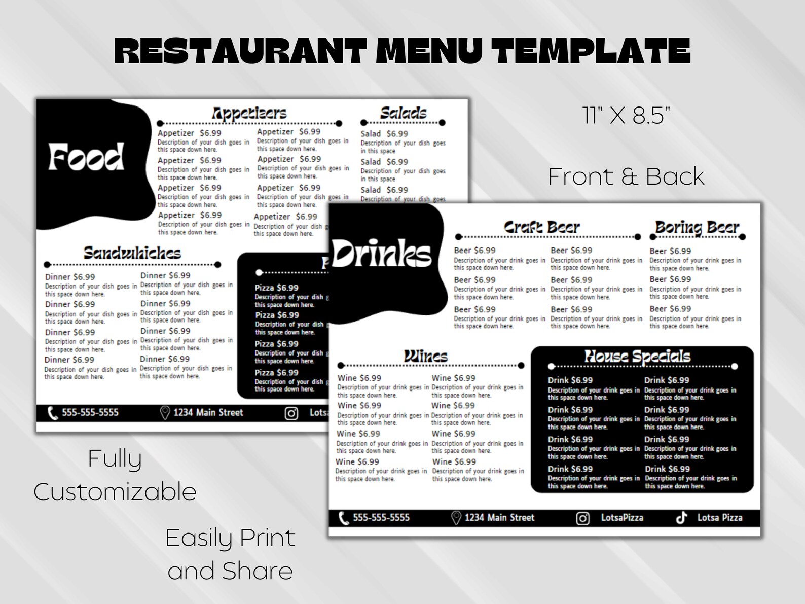 Restaurant Menu Template - Editable Menu Template - Front and Back ...