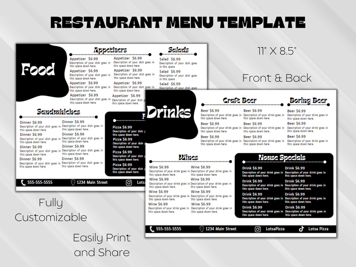 Restaurant Menu Template Editable Menu Template Front and Back Food and ...