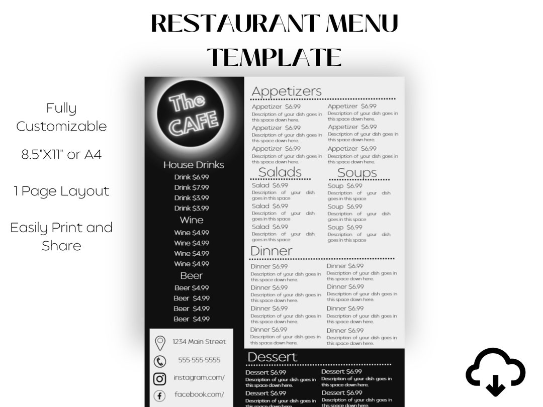 Restaurant Menu Template - Customizable Menu Template - Sleek & Modern ...