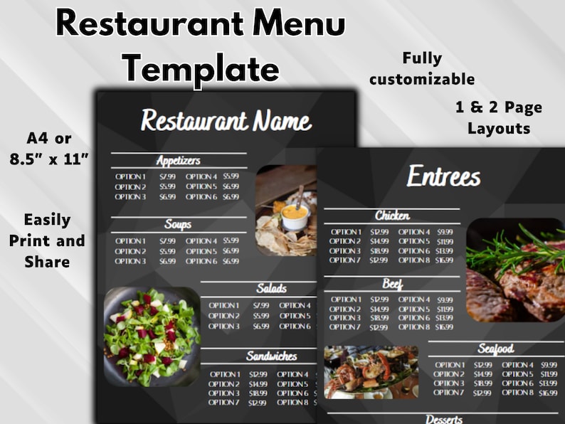 Restaurant Menu Template - Customizable Menu Template - Sleek & Modern ...