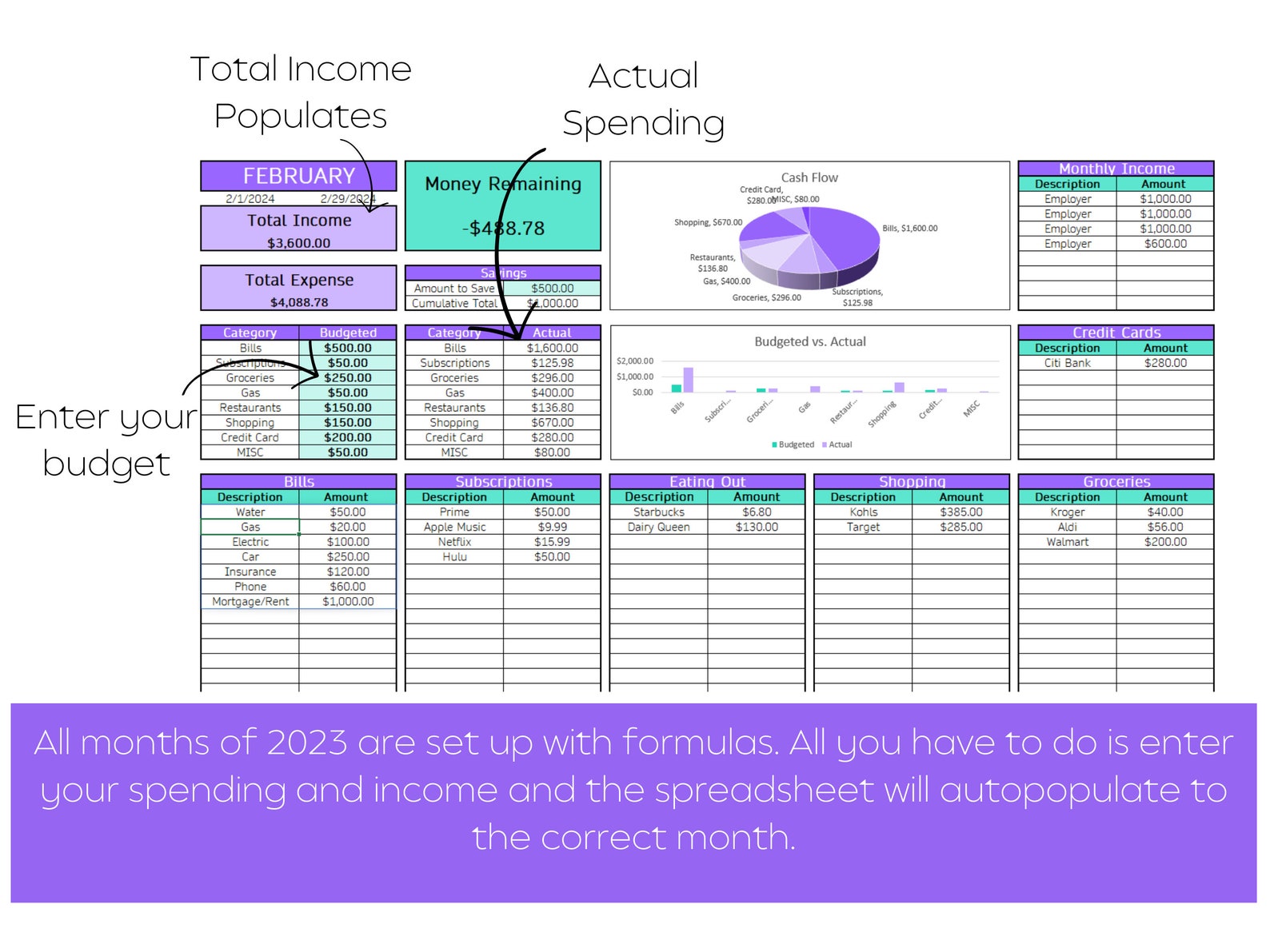 Budget Spreadsheet Template for Google Sheets or Microsoft Excel -2023 ...