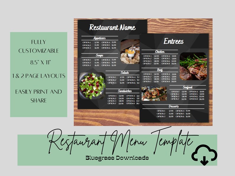 Restaurant Menu Template Customizable Menu Template Sleek - Etsy