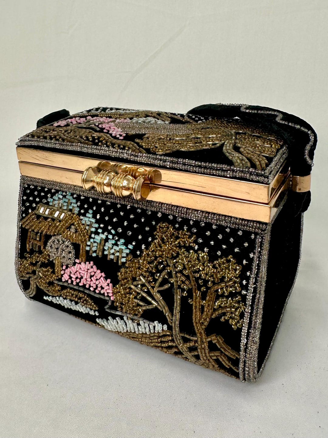 Vintage 1960s Miyata Embroidery Beaded Velvet Box Purse | Japanese ...