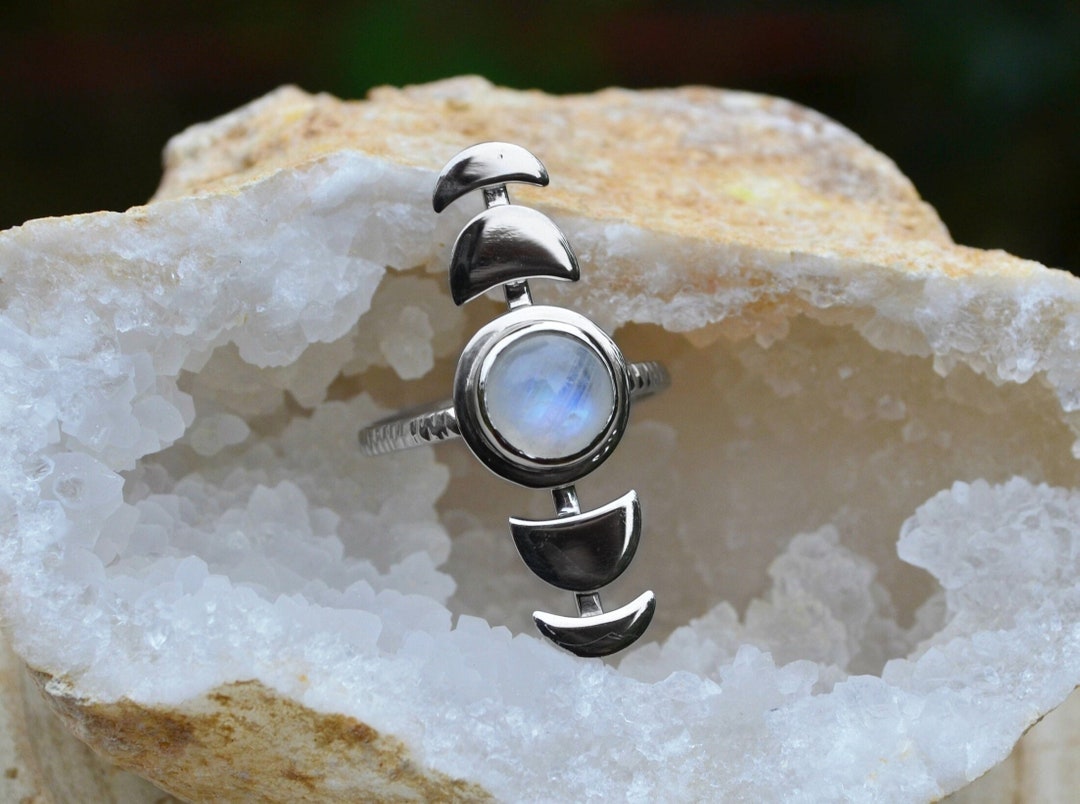Moon Phases Ring, Moon Ring, Fine Sterling Silver Rainbow Moonstone ...