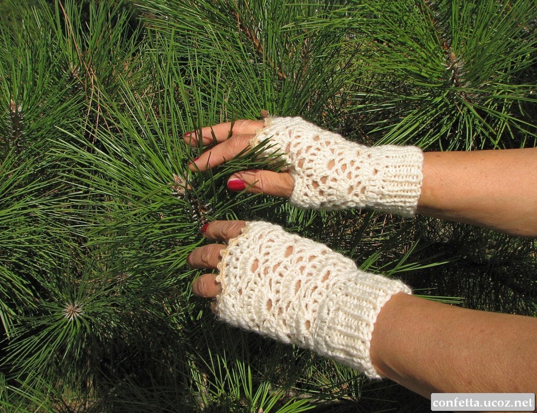 Lace Crochet Mittens Openwork Fingerless Gloves, Knit Beige Autumn ...