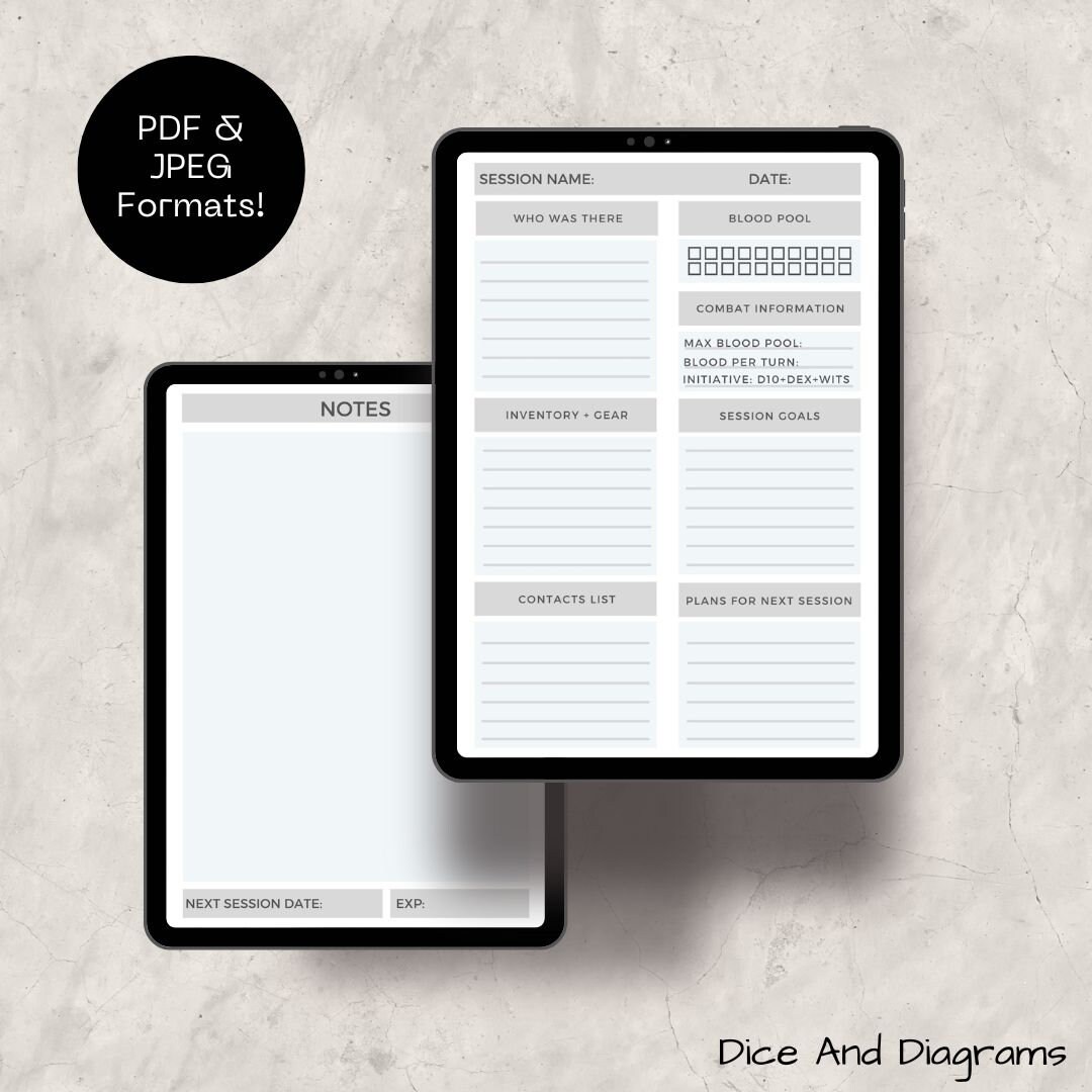 VTM Vampire the Masquerade Session Notes Sheets for TTRPG Games ...