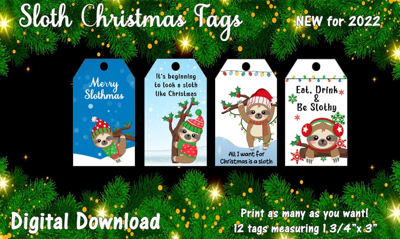 Sloth Christmas Gift Tags, Printable Christmas Tags, Digital Download ...