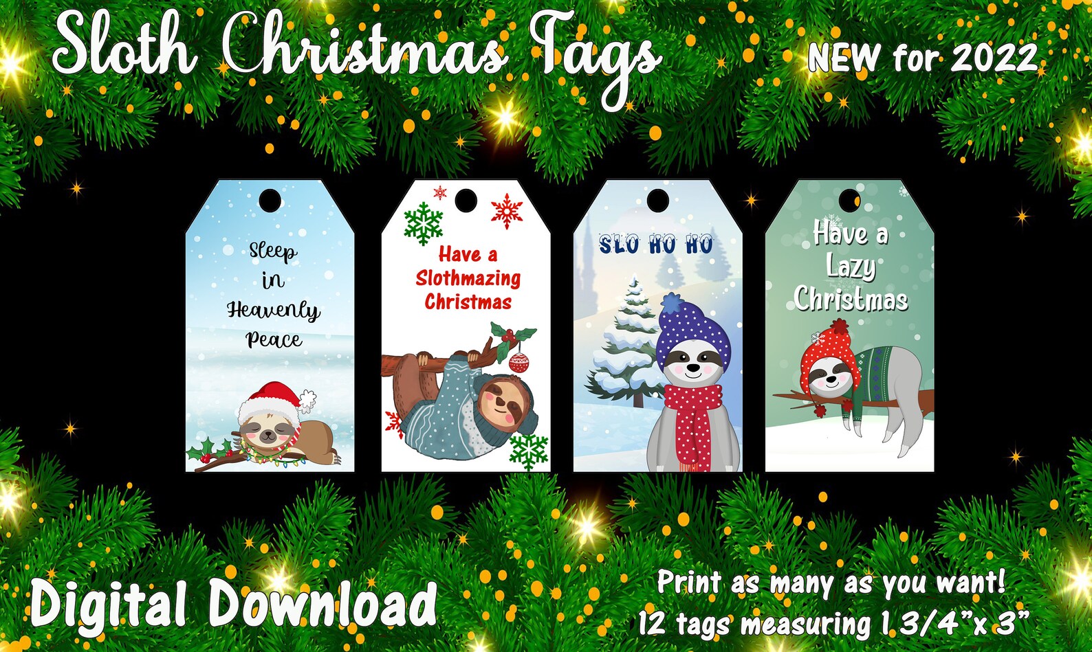 Sloth Christmas Gift Tags, Printable Christmas Tags, Digital Download ...