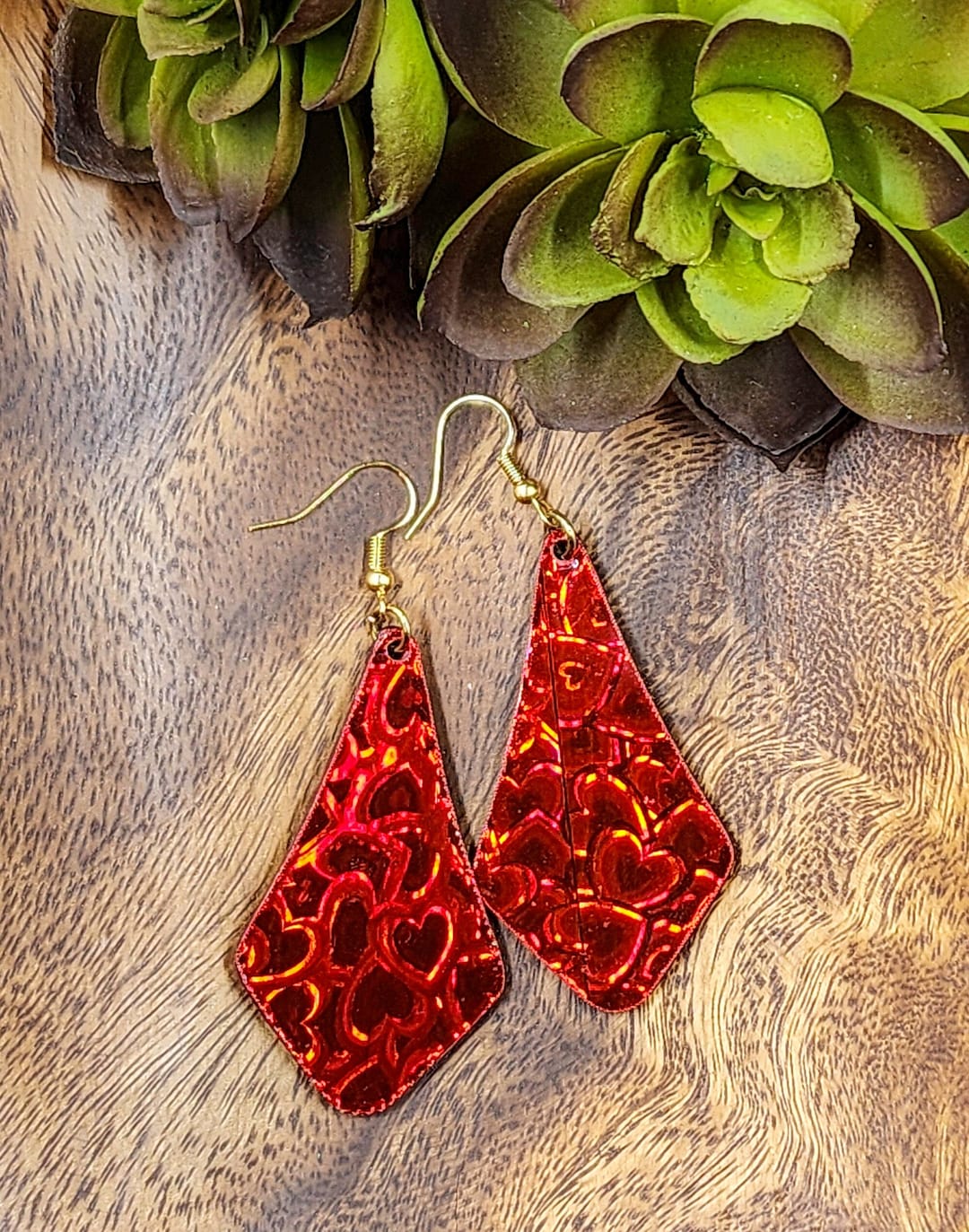 Red Holographic Heart Earrings, Red Heart Earrings, Wood and Designer ...