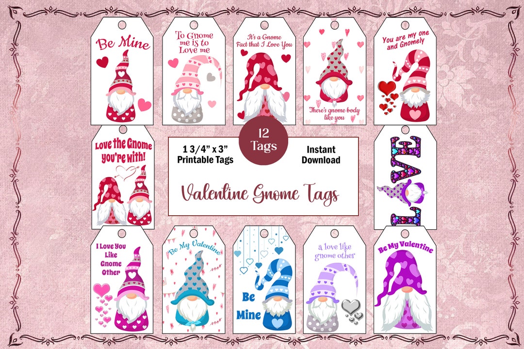 Printable Valentine Gnome Tags, Kids Valentines, Gnome Tags, Valentines ...