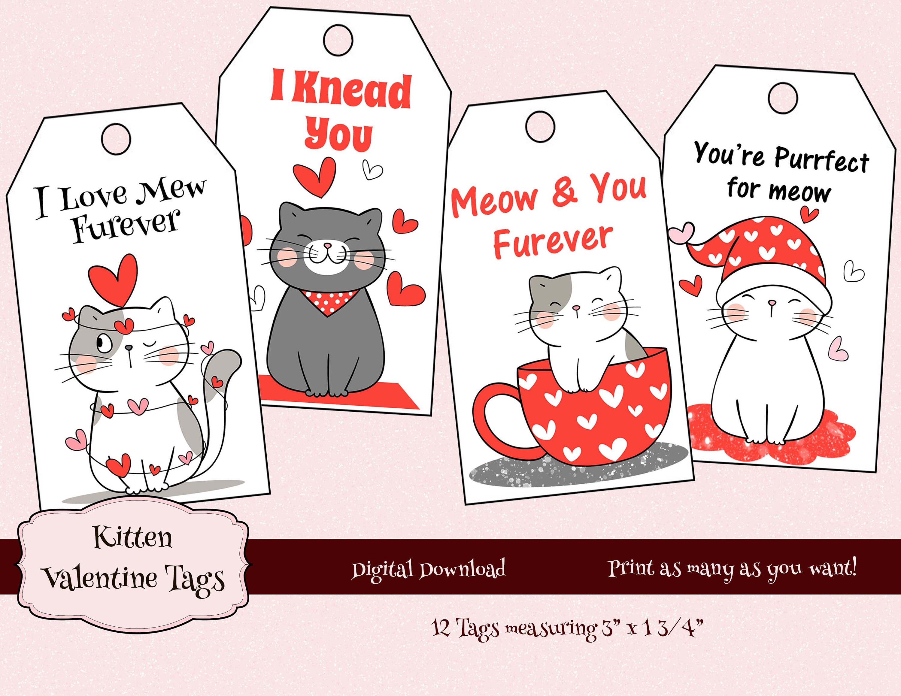 Cat Valentine Cards for Kids, Digital Valentines, Kitty Cat Gift Tags ...