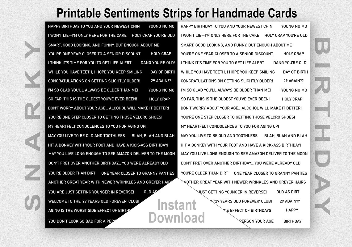 Printable Snarky Birthday Sentiment Strips Black and White - Etsy