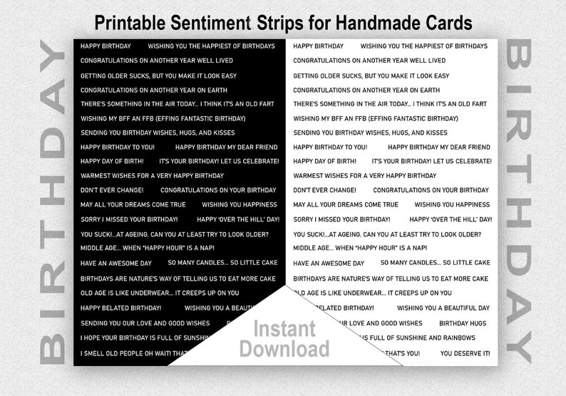 Printable Birthday Sentiment Strips Black and White - Etsy