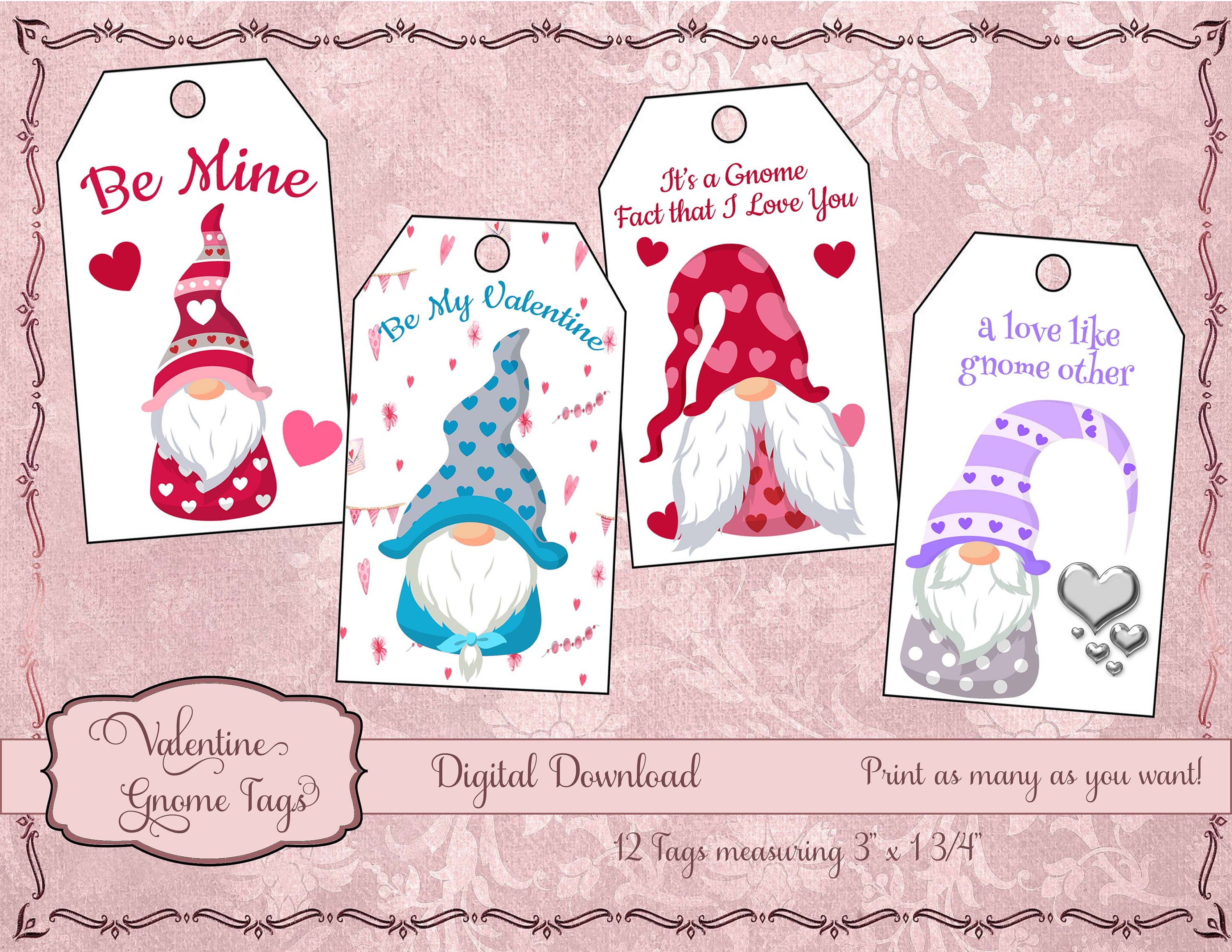 Printable Valentine Gnome Tags, Kids Valentines, Gnome Tags, Valentines ...